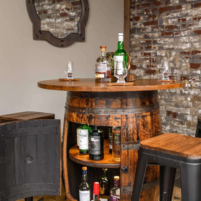 Deluxe Whiskey Barrel Pub Table w/ 36" Oak Table Top and Cabinet ...